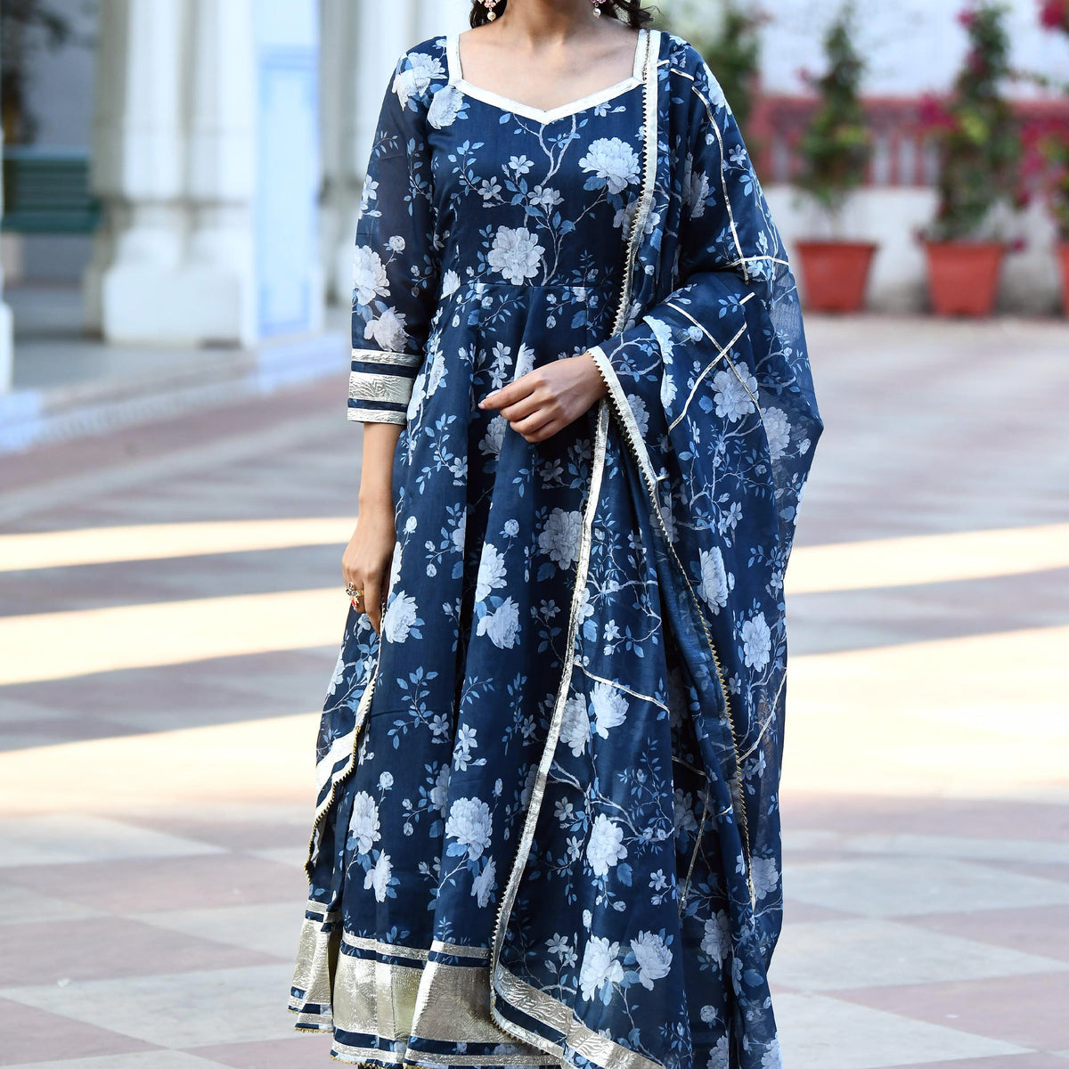 Navy Blue floral Anarkali suit for women BY SUTI KAPDA -3PC SET – SUTI ...